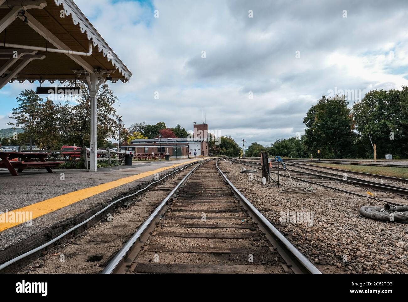 Classic US styled railroad station showing the timber built design in ...