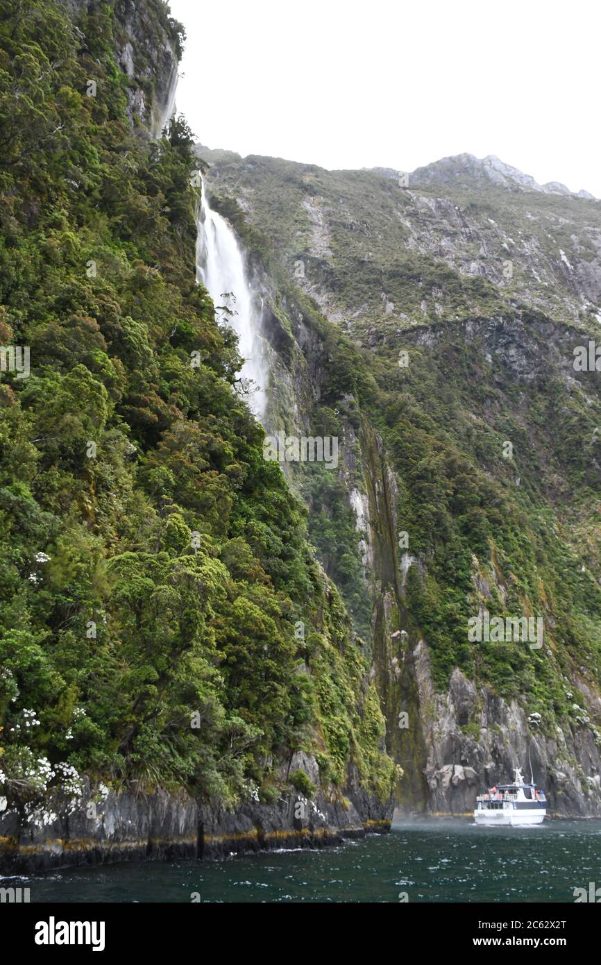 Milford Sound, on the South Island of New Zealand, is a glacier carved ...