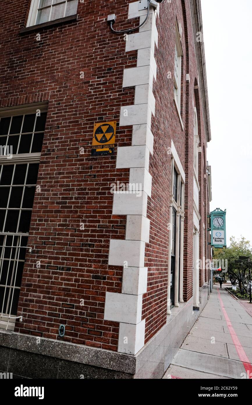Vintage nuclear fallout sign seen fixed to a building in a US eastern ...