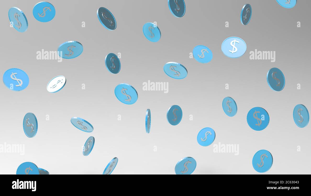 Rain of coins blue gold dollar symbol on a light gray background ...