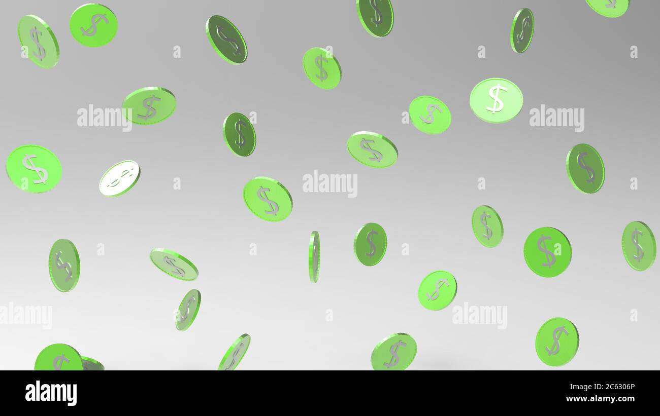 Rain of coins green gold dollar symbol on a light gray background ...