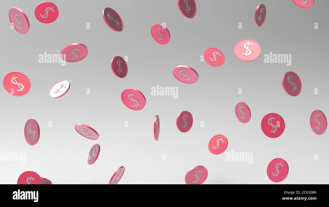 Rain of coins red gold dollar symbol on a light gray background ...