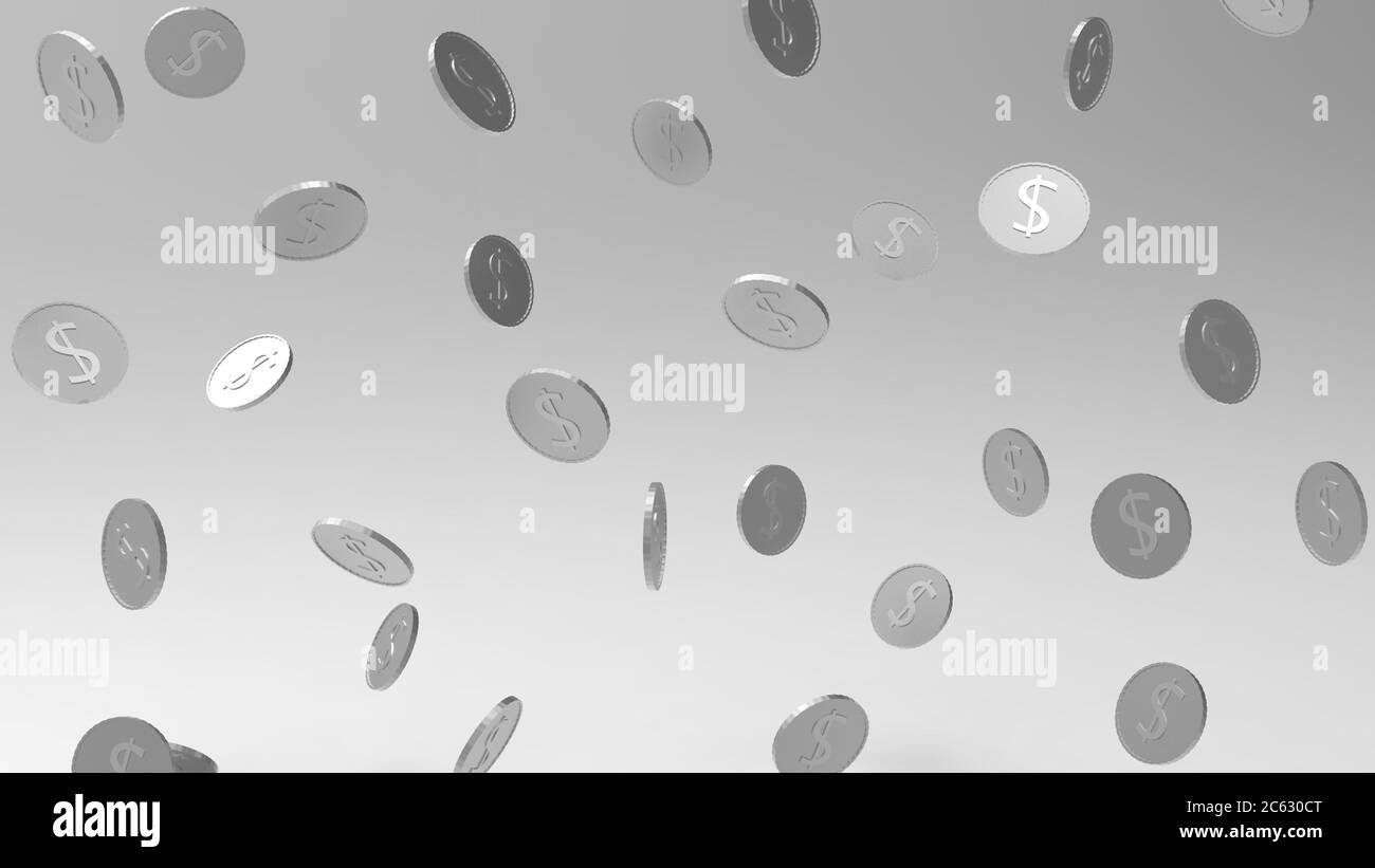 Rain of coins gray gold dollar symbol on a light gray background ...