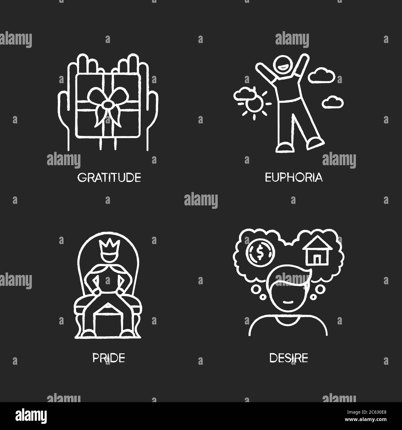 Negative feelings and bad traits chalk white icons set on black ...