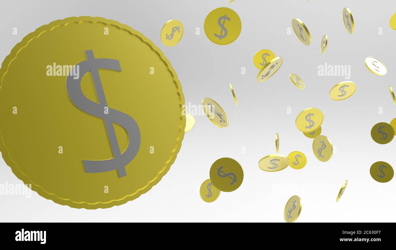 Rain of coins yellow gold dollar symbol on a light gray background ...