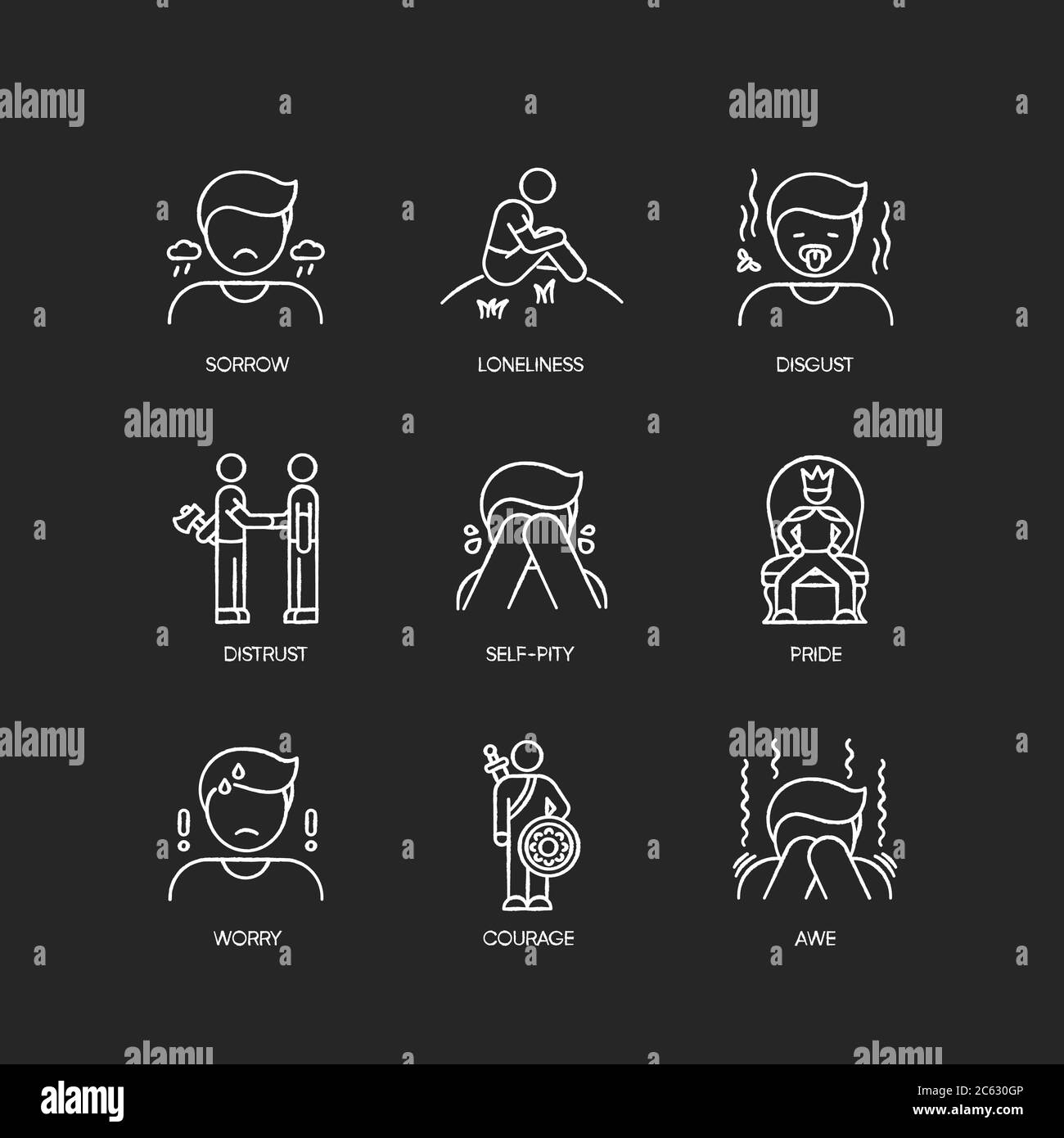Negative feelings chalk white icons set on black background Stock ...