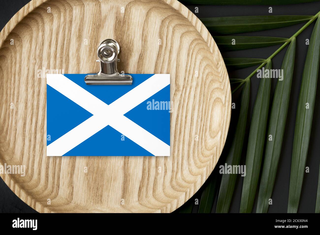 Scotland flag tagged on wooden plate. Tropical palm leaves monstera on ...