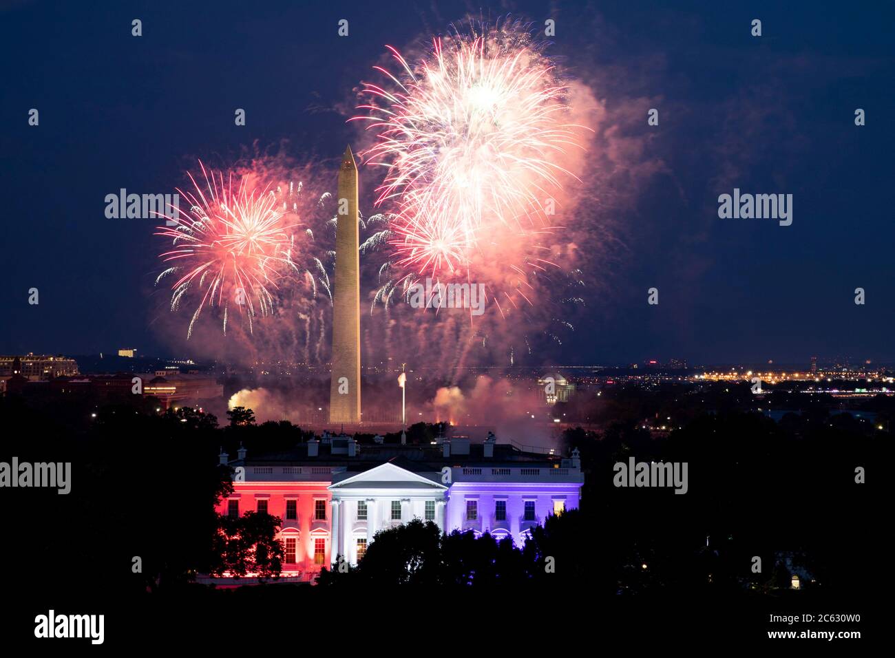 The White House North Portico lit in red-white and blue lights as ...