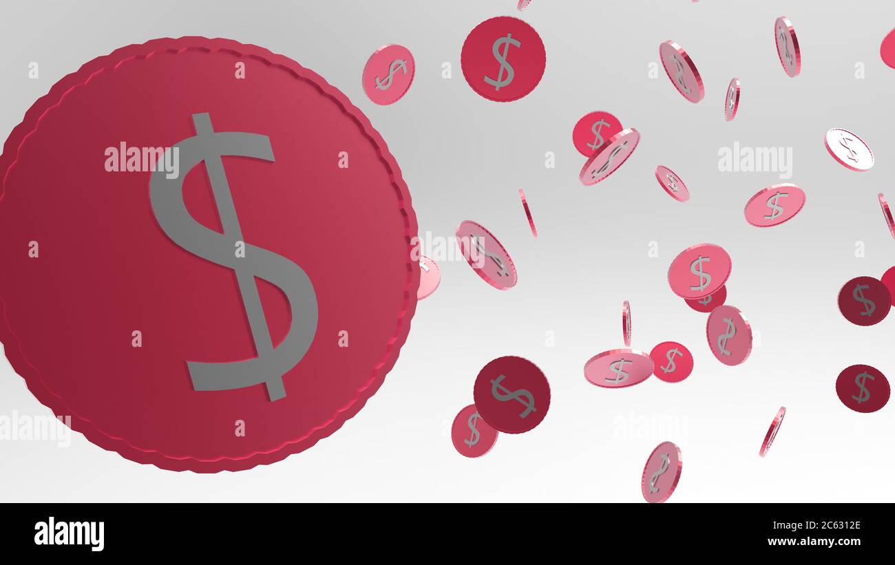 Rain of coins red gold dollar symbol on a light gray background ...