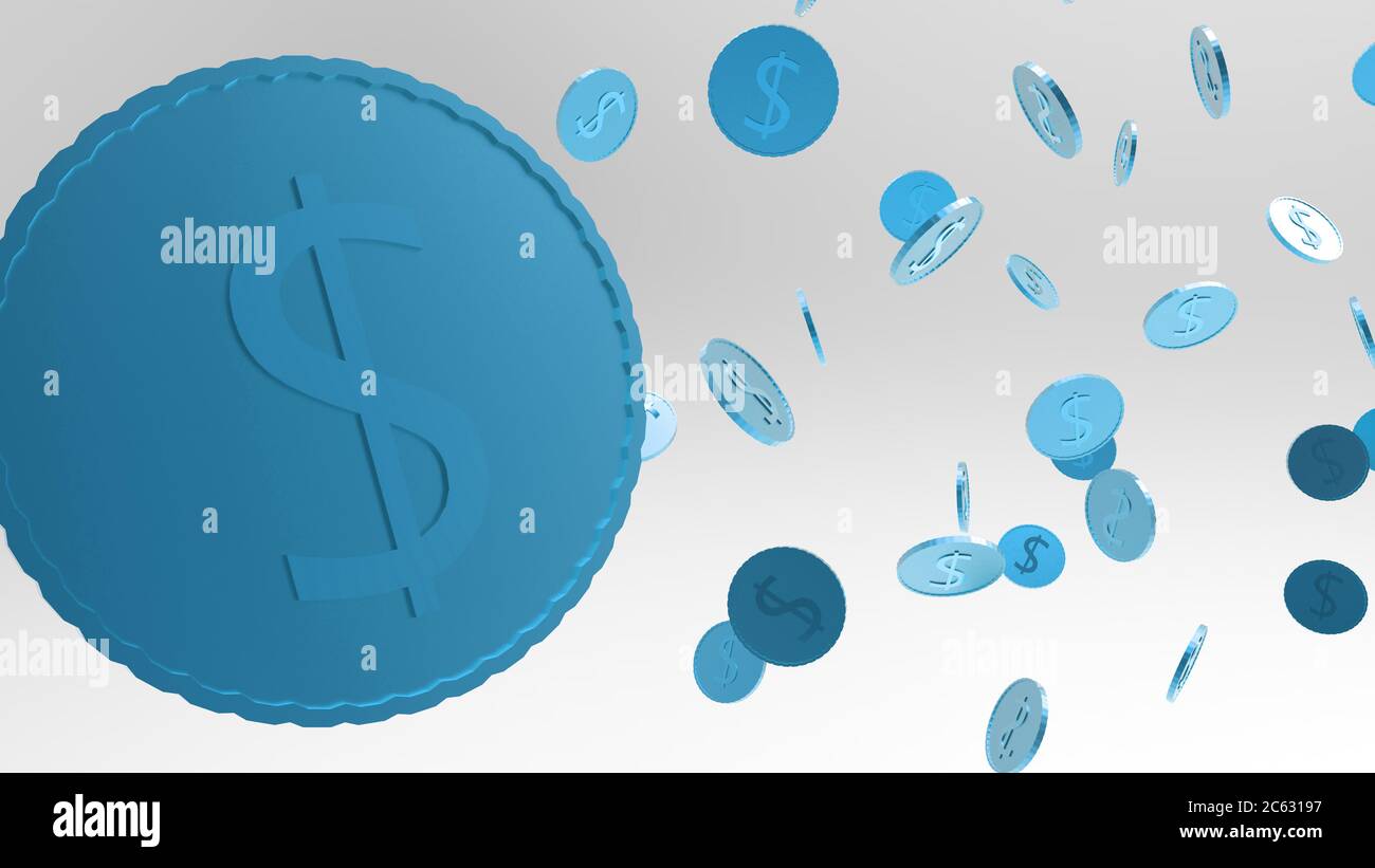Rain of coins blue gold dollar symbol on a light gray background ...
