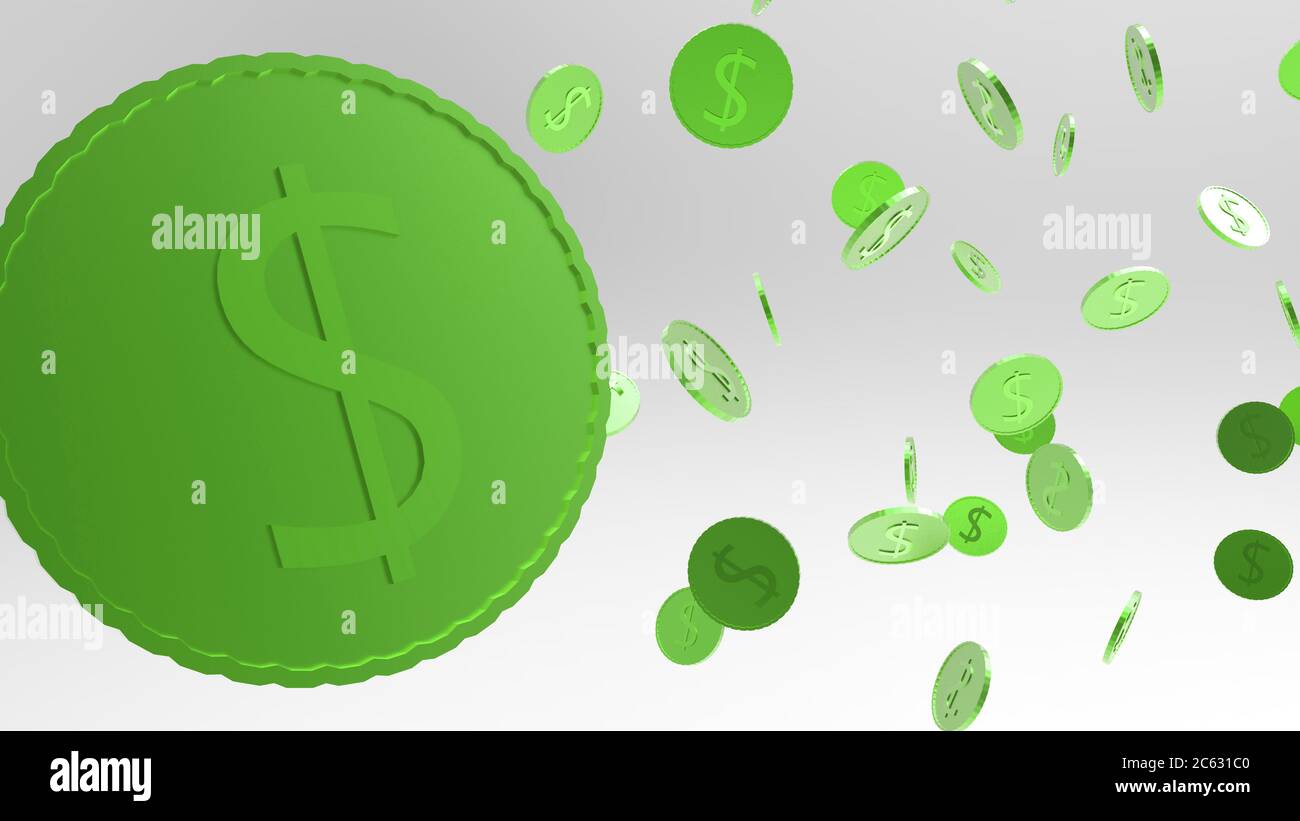 Rain of coins green gold dollar symbol on a light gray background ...