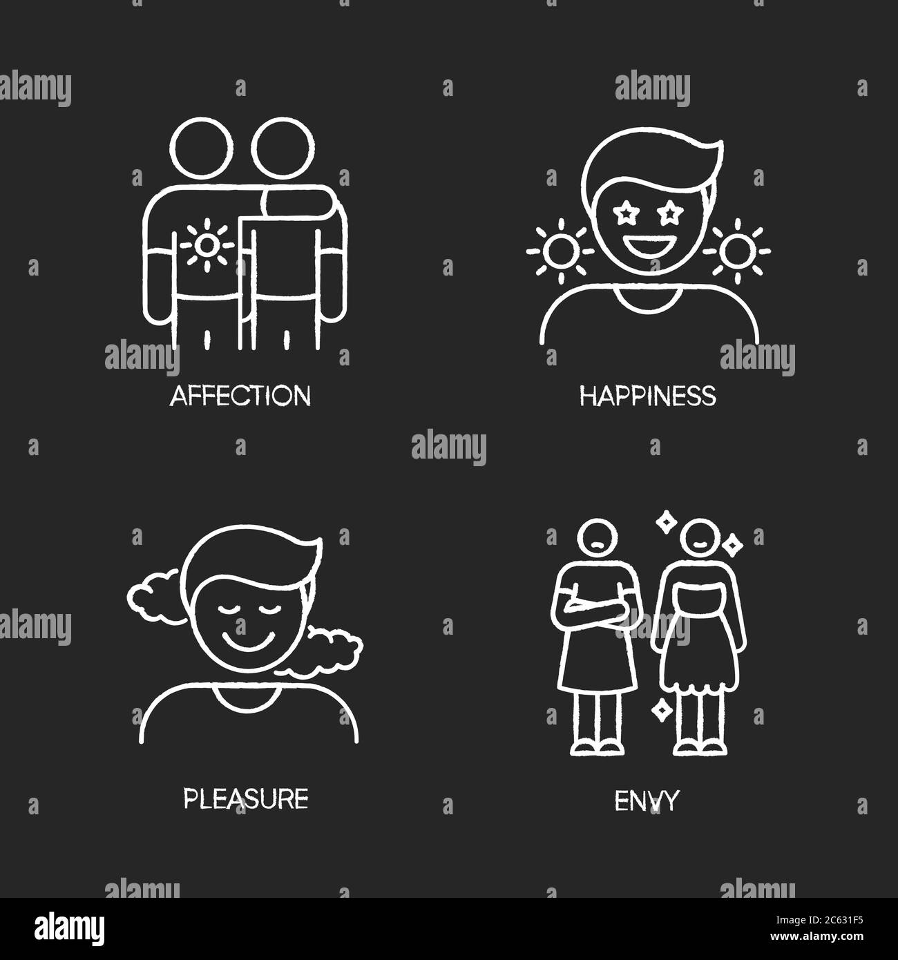 Positive and negative emotions chalk white icons set on black ...