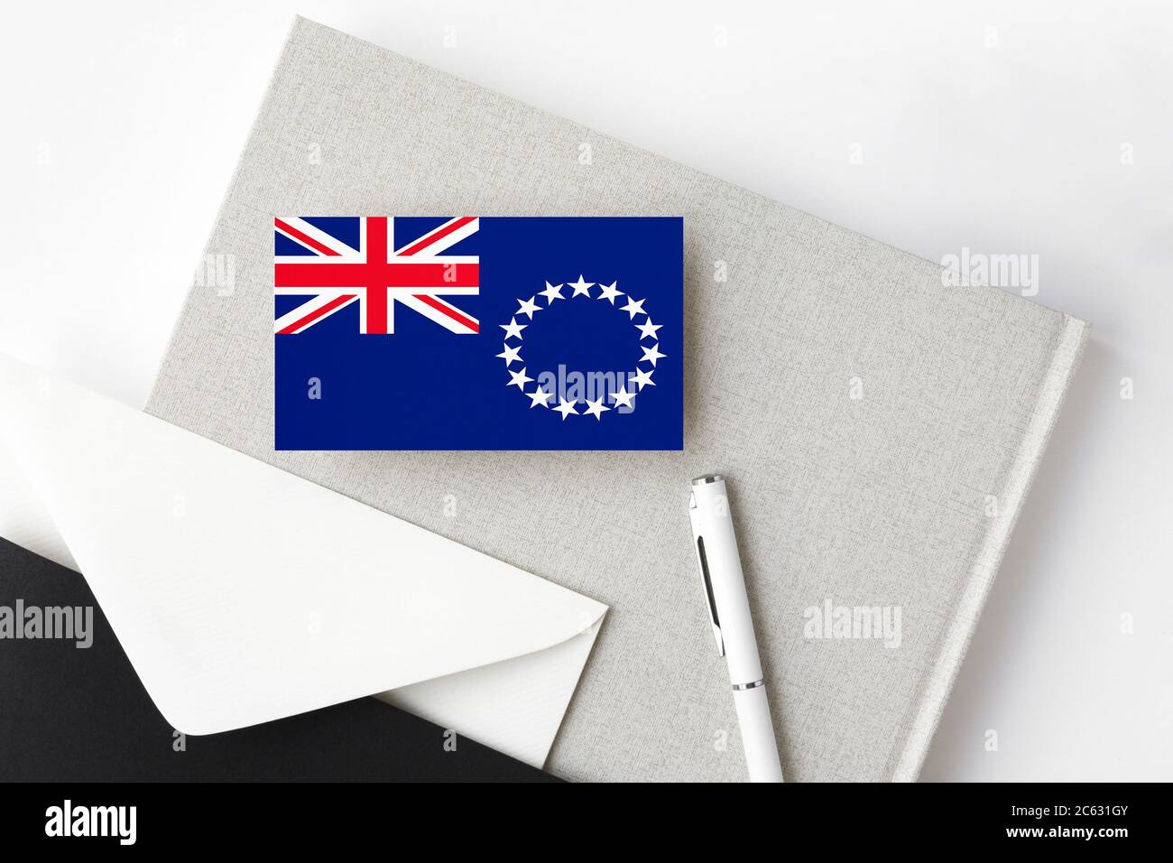 Cook Islands flag on minimalist letter background. National invitation ...
