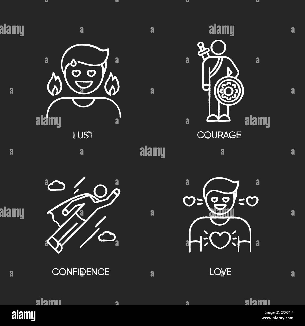 Good feelings and qualities chalk white icons set on black background ...