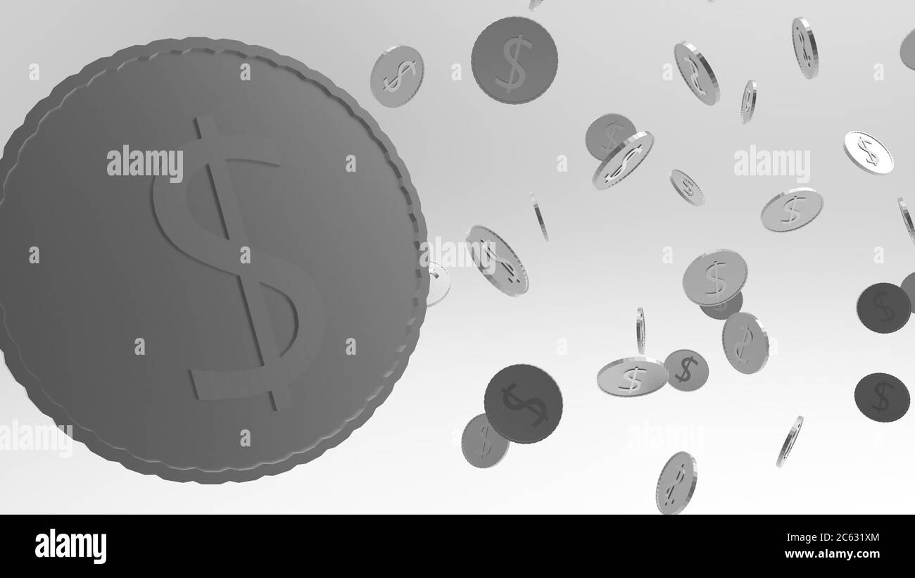 Rain of coins gray gold dollar symbol on a light gray background ...