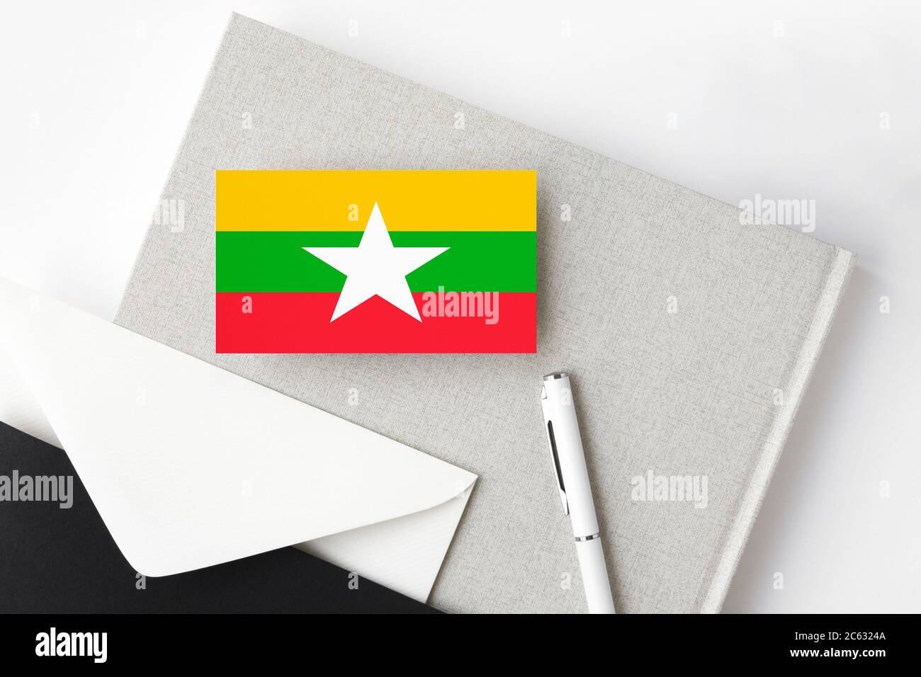 Myanmar flag on minimalist letter background. National invitation ...