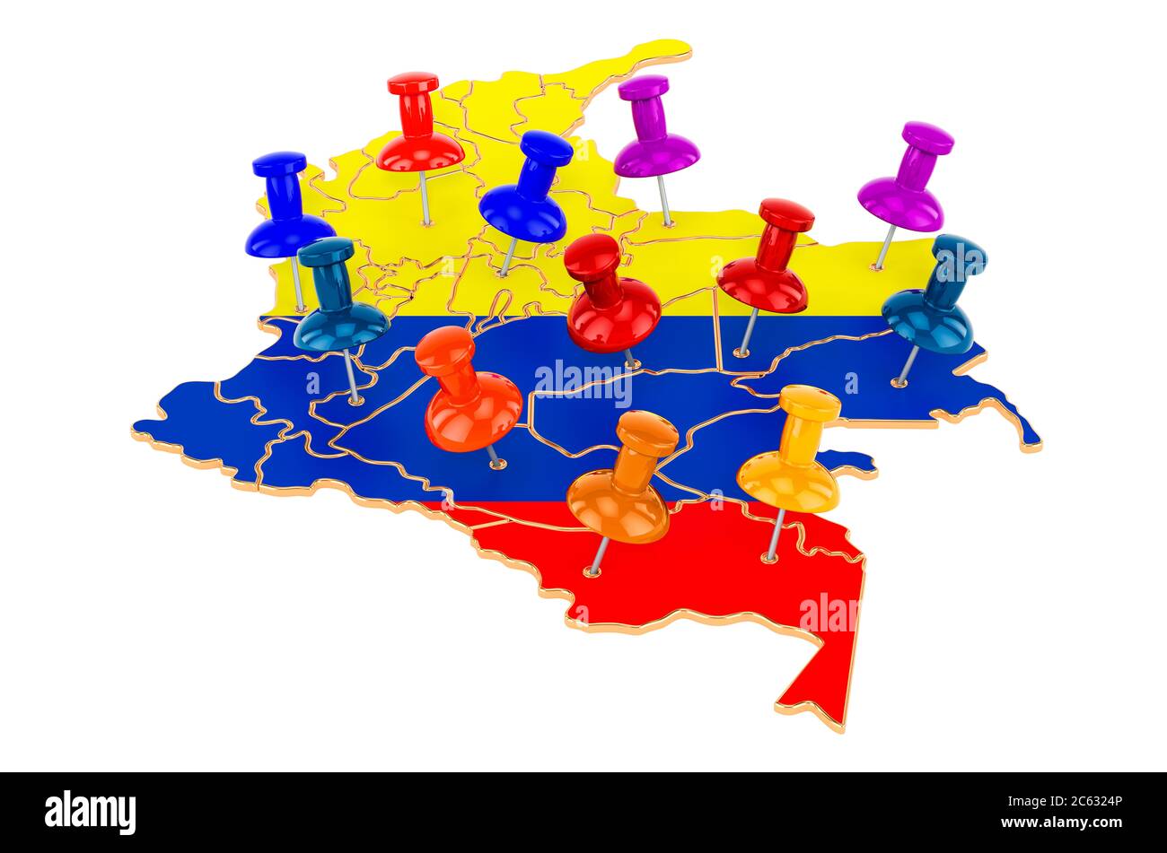 Map of Columbia with colored push pins, 3D rendering isolated on white ...