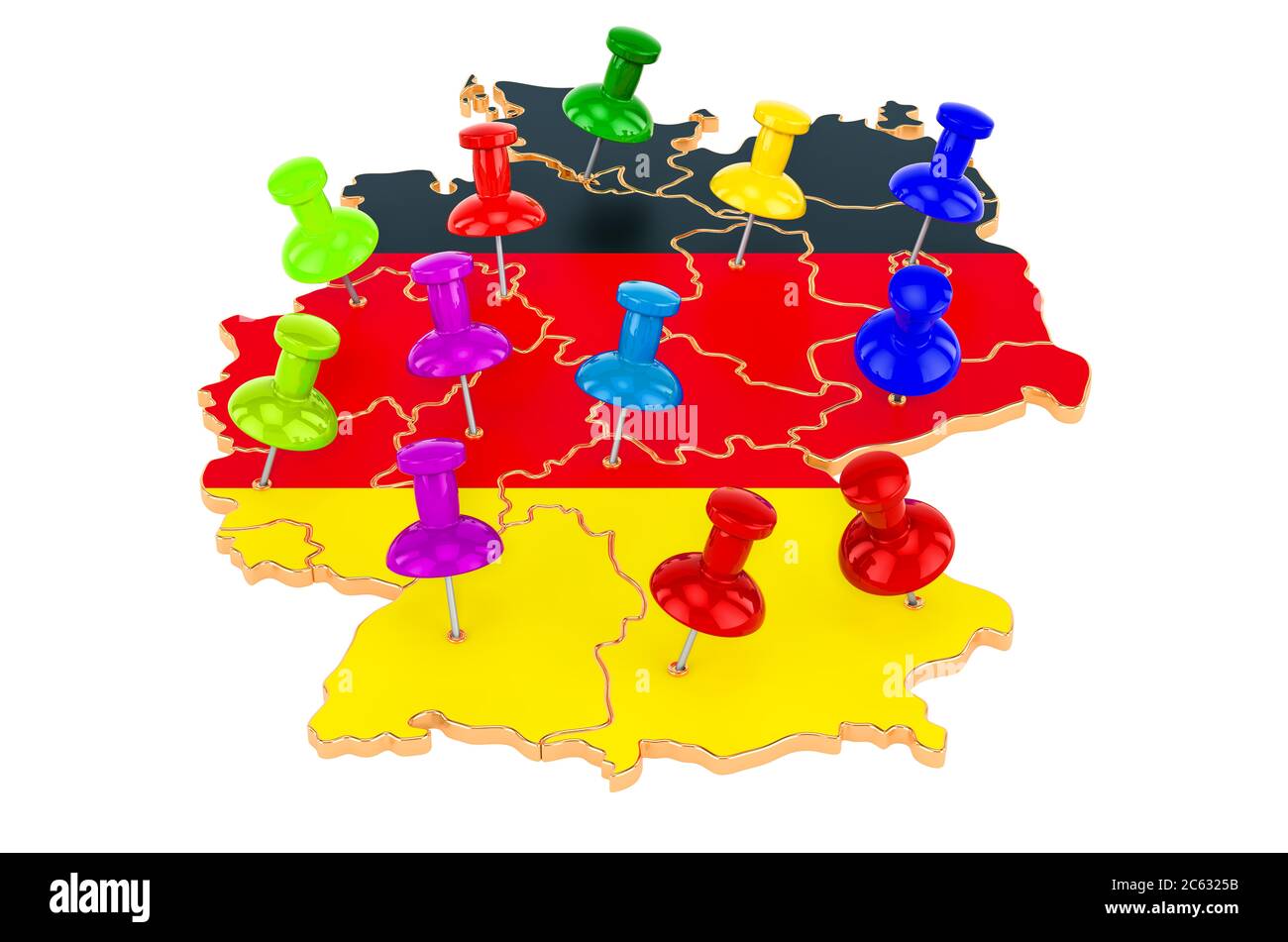 Map of Germany with colored push pins, 3D rendering isolated on white ...