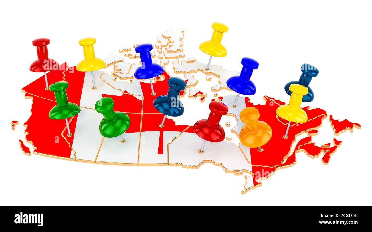 Map of Canada with colored push pins, 3D rendering isolated on white ...