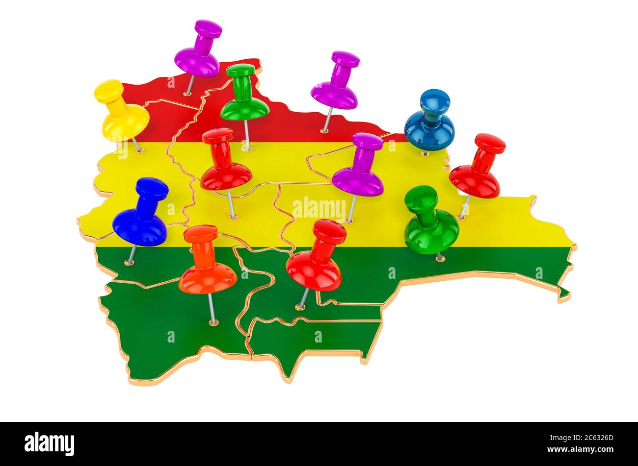 Map of Bolivia with colored push pins, 3D rendering isolated on white ...