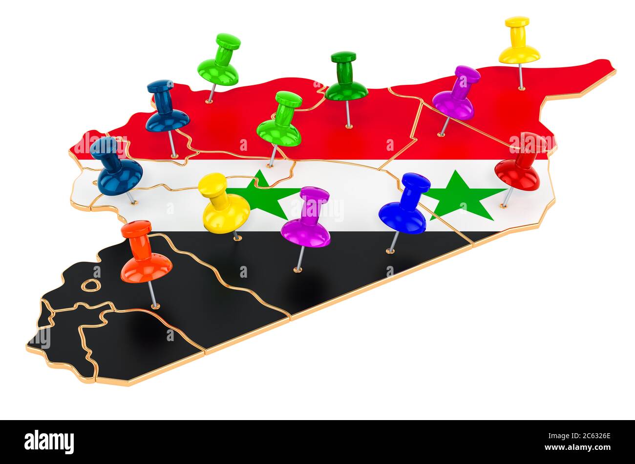 Map of Syria with colored push pins, 3D rendering isolated on white ...