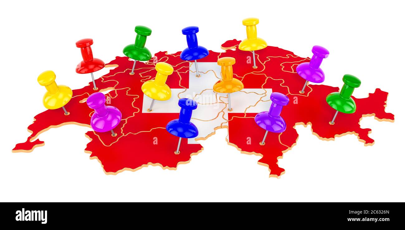 Map of Switzerland with colored push pins, 3D rendering isolated on ...