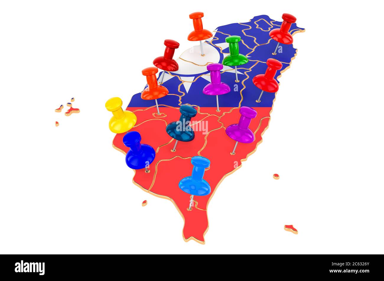 Map of Taiwan with colored push pins, 3D rendering isolated on white ...