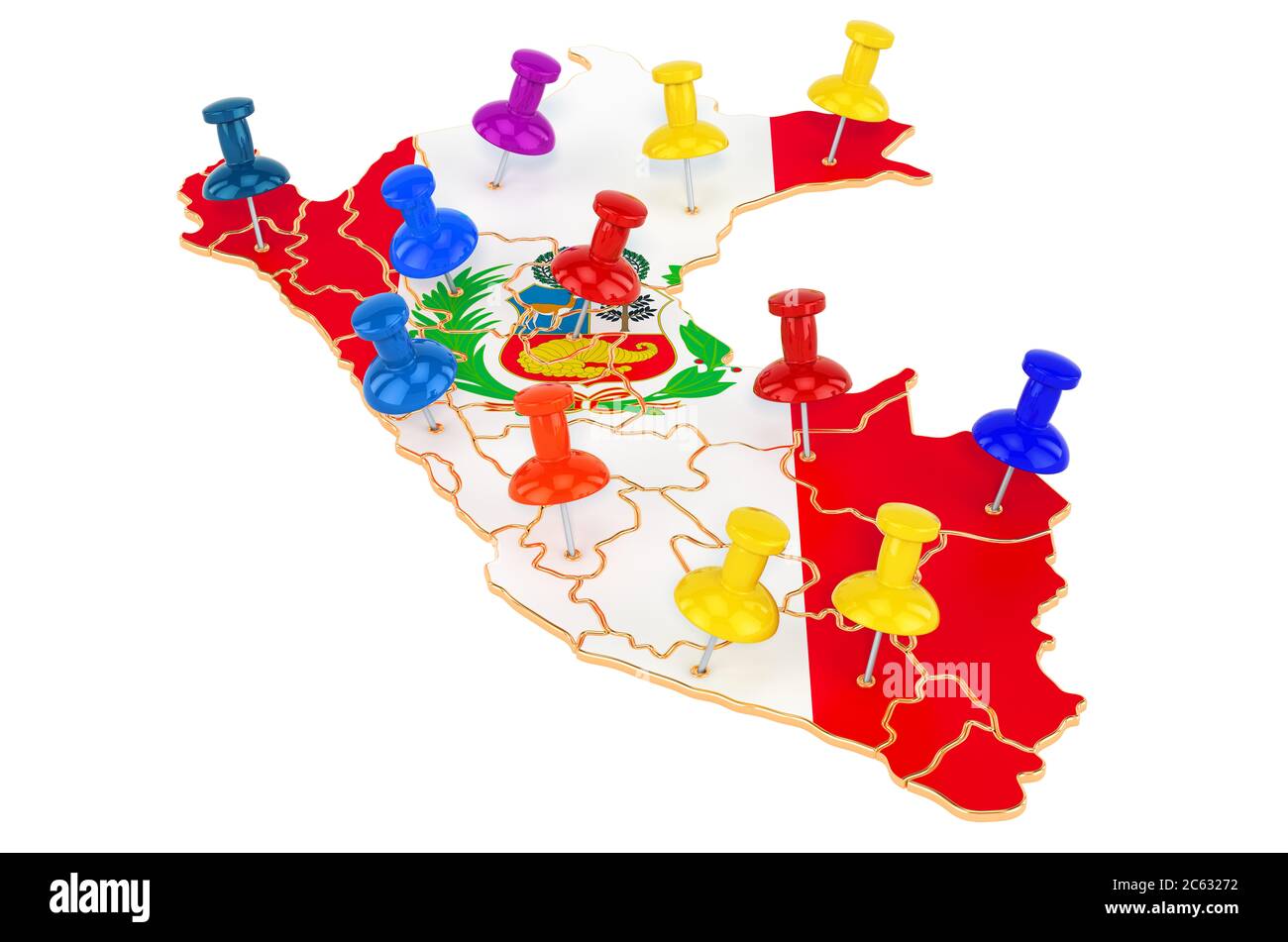 Map of Peru with colored push pins, 3D rendering isolated on white ...