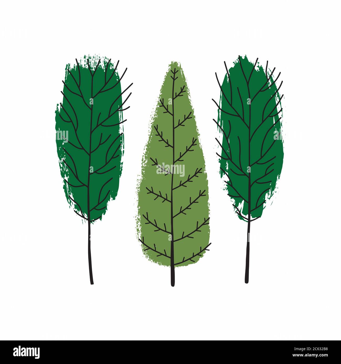 Art sketching set of vector trees symbols. Brushstroke green tree Stock ...