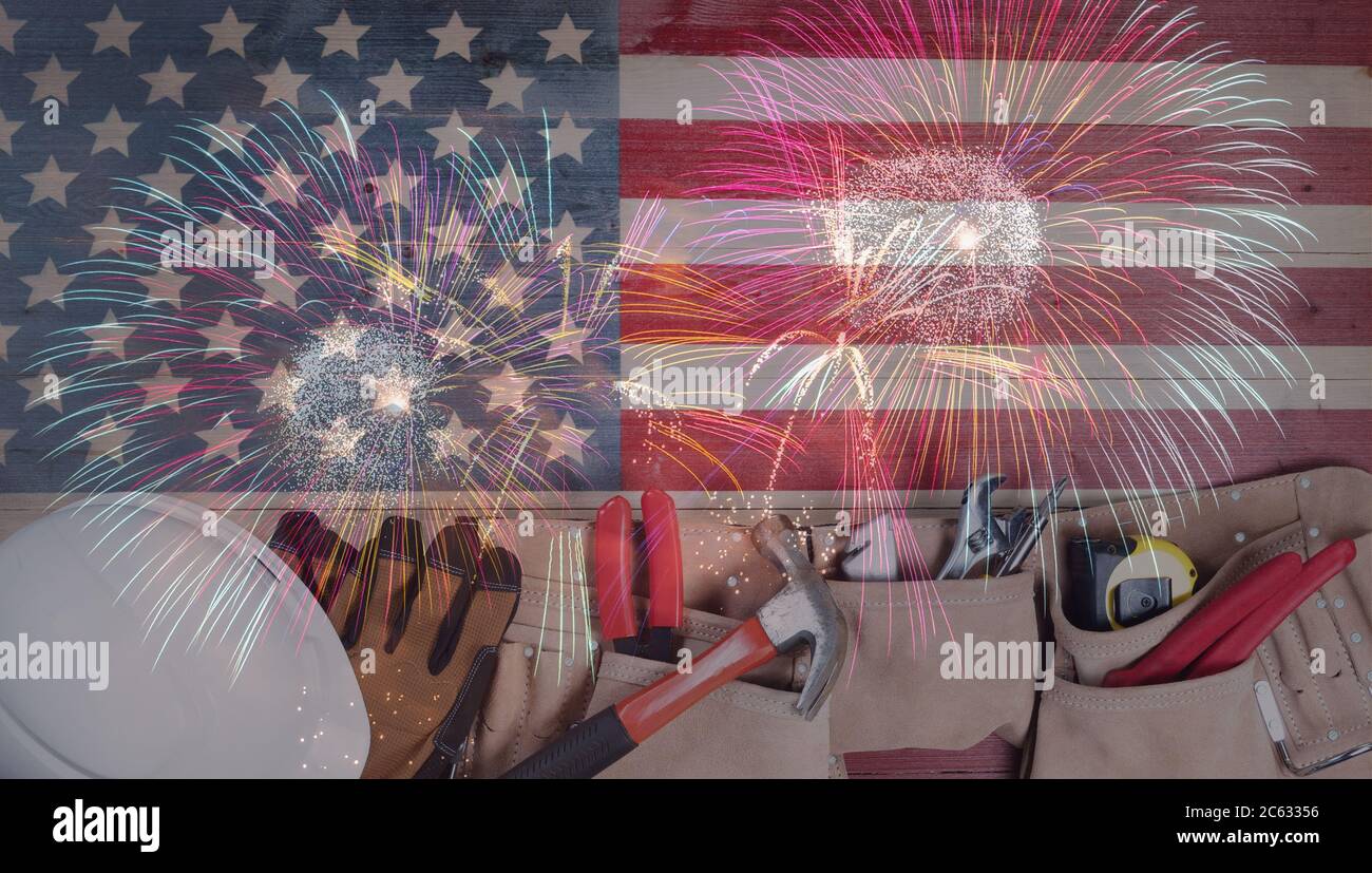 Labor Day background with hand tools and fireworks for the holiday ...
