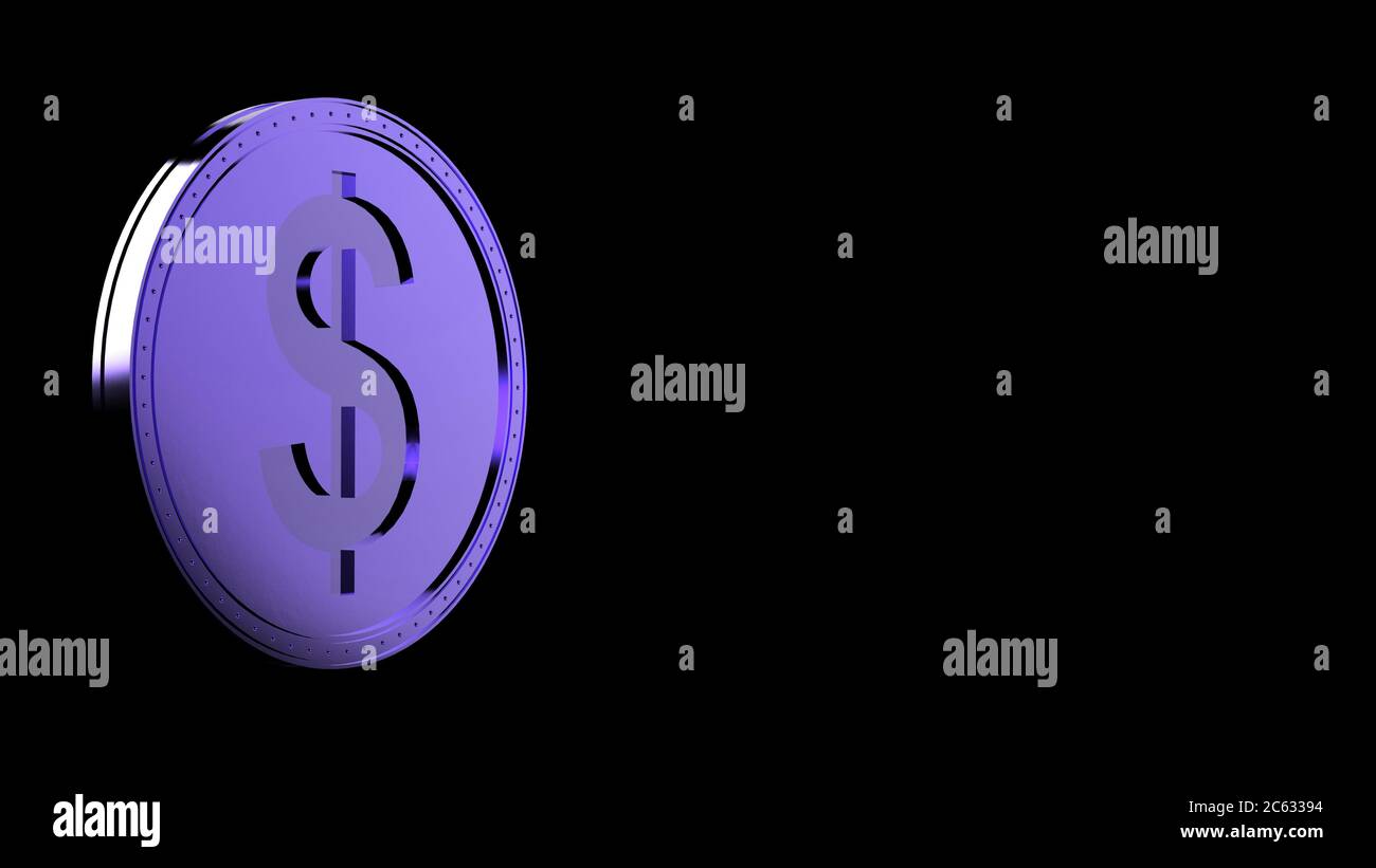 Violet dollar coin Isolated with black background. 3d render isolated ...