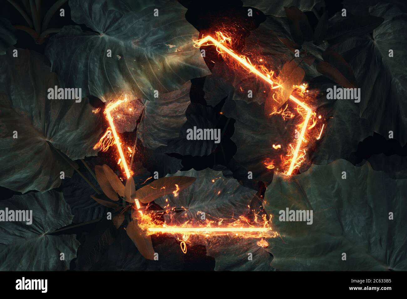 3d rendering of hexagon shape in fire over tropical plants. Flat lay of ...