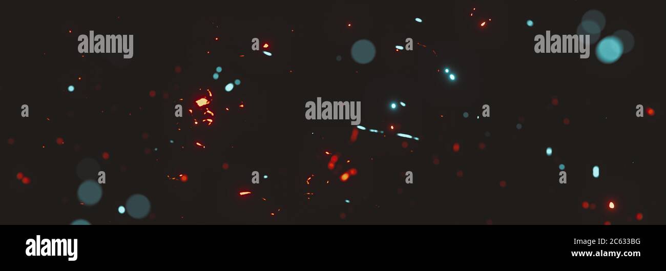 blurred cyan and red sparks from neon lights in front of black ...