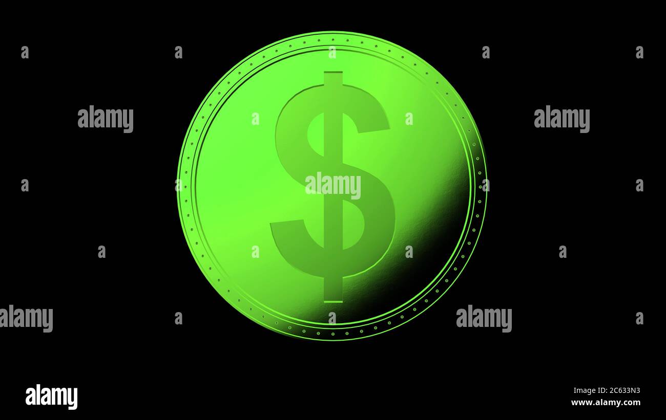 Green dollar coin Isolated with black background. 3d render isolated ...