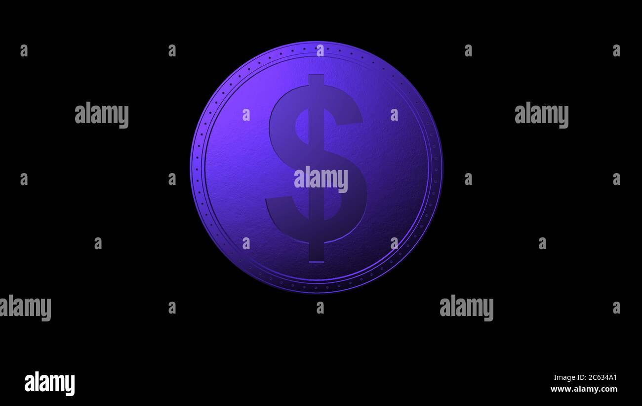 Violet dollar coin Isolated with black background. 3d render isolated ...
