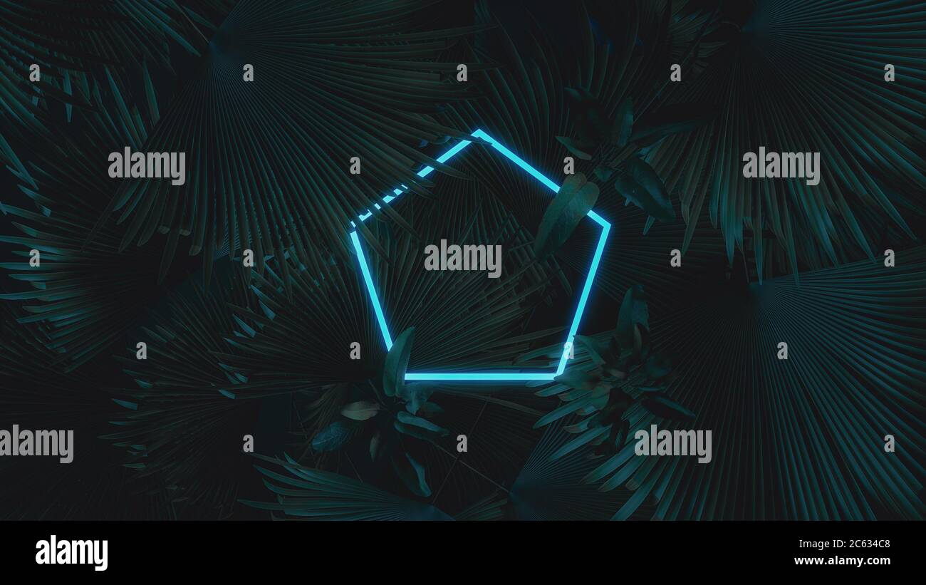3d rendering of blue pentagon neon light with tropical leaves. Flat lay ...