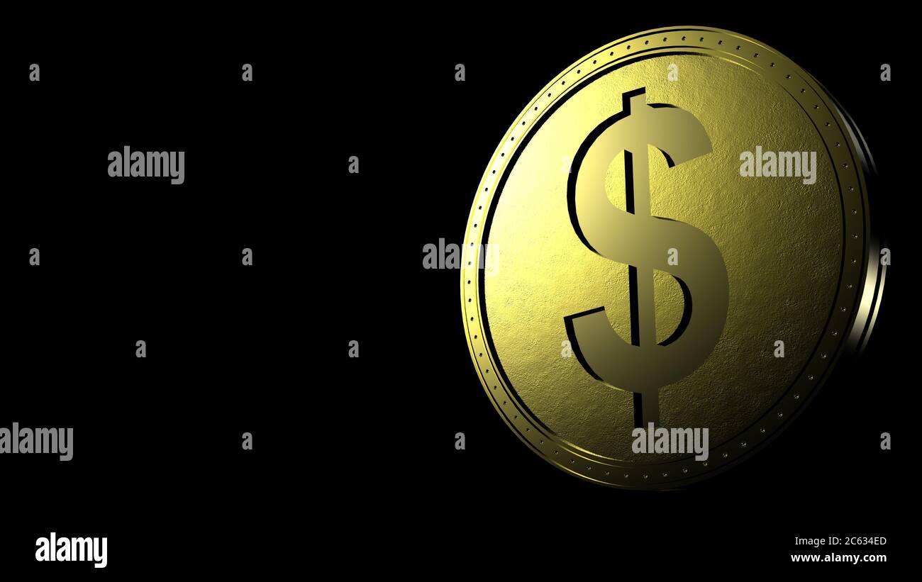 Yellow dollar coin Isolated with black background. 3d render isolated ...