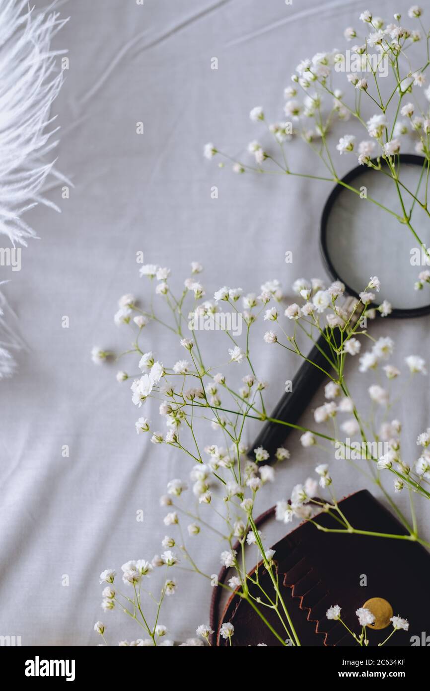 A purse for coins and a magnifying glass on gray fabric Stock Photo - Alamy