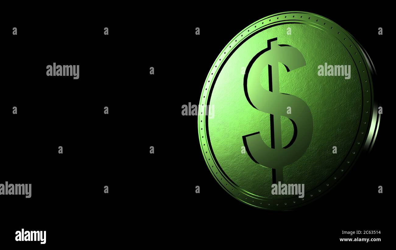 green dollar coin Isolated with black background. 3d render isolated ...