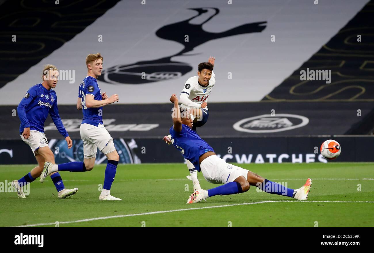 Tottenham Hotspur's Son Heung-min has a shot on goal during the Premier ...