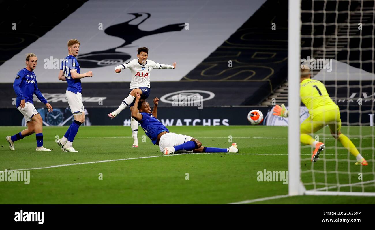 Tottenham Hotspur's Son Heung-min has a shot on goal during the Premier ...