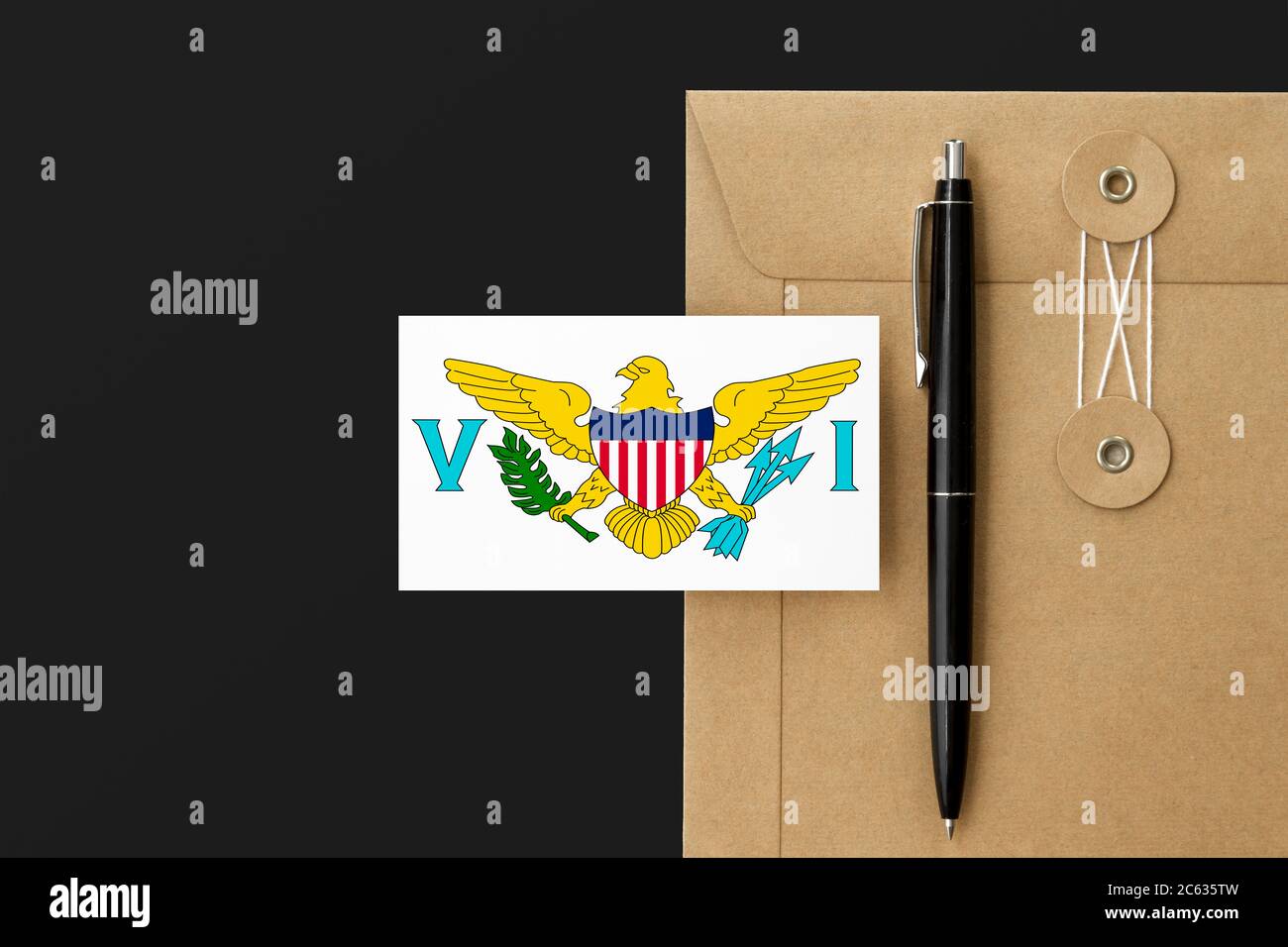 United States Virgin Islands flag on craft envelope letter and black ...