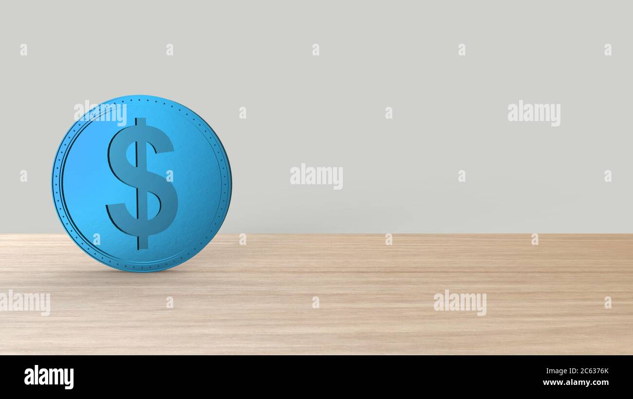 Blue dollar coin Isolated on gray light background. 3d render isolated ...