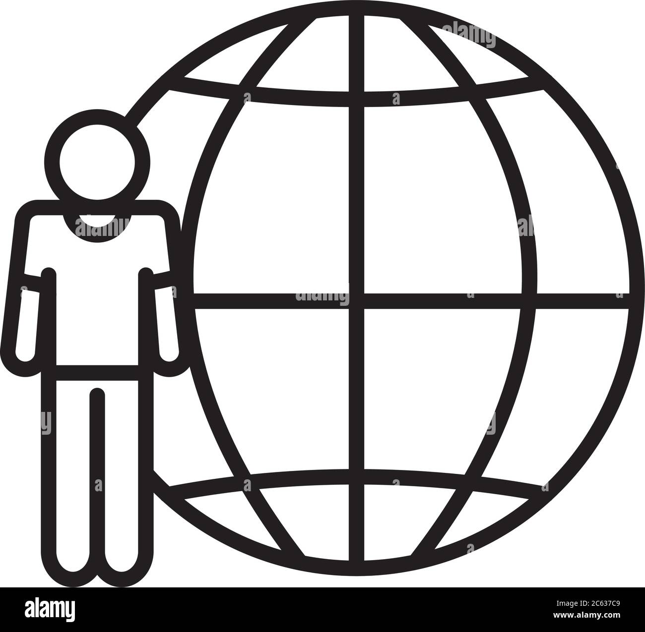 global sphere and pictogram man standing over white background, line ...