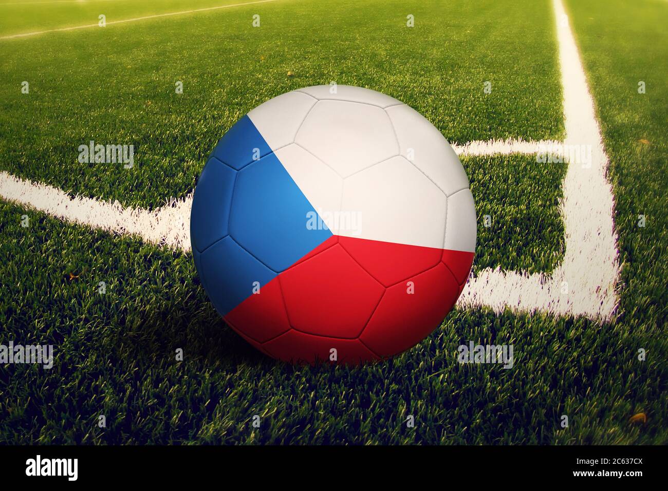 Czech Republic flag on ball at corner kick position, soccer field ...