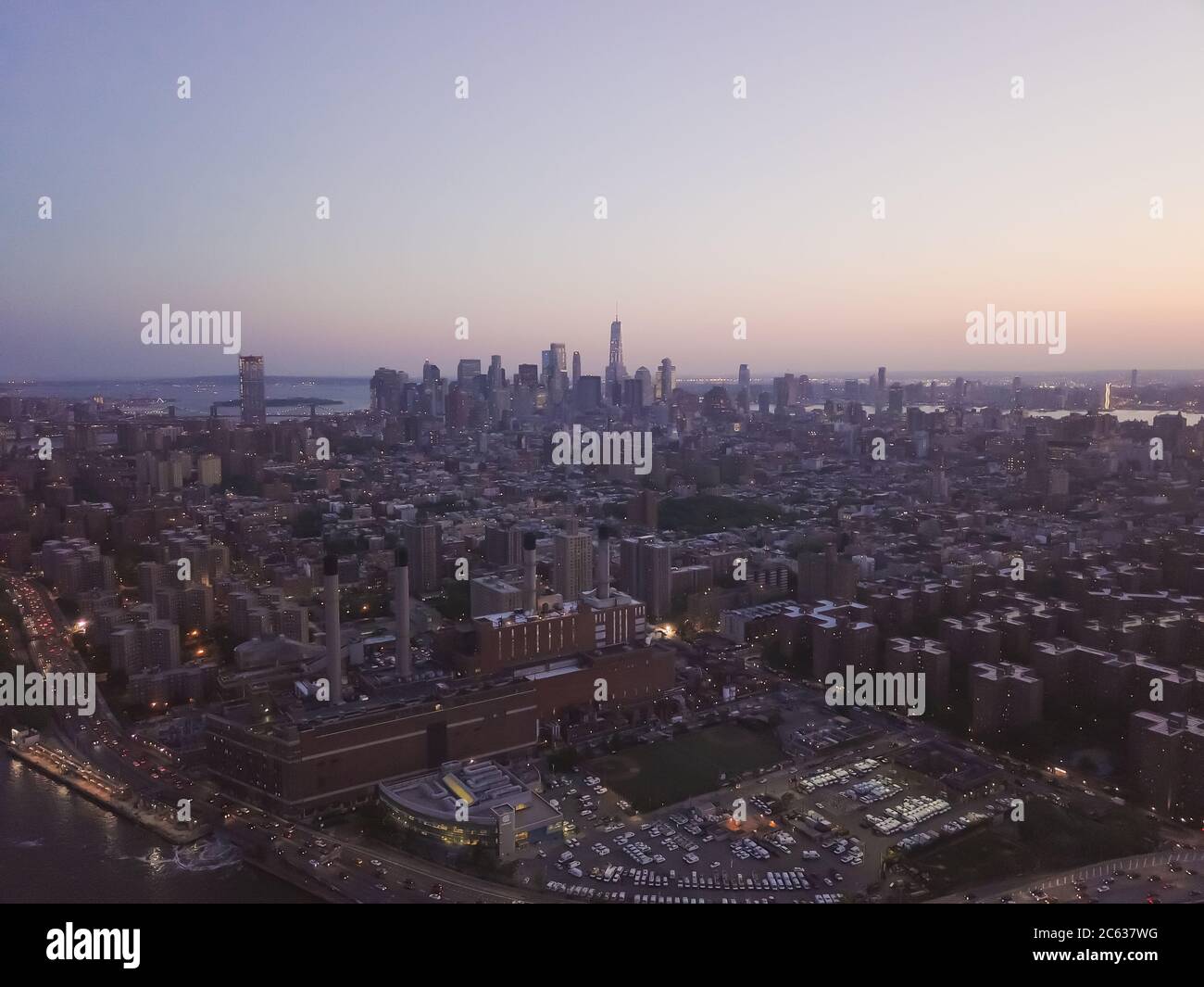 Wide Aerial Drone View of Manhattan Skyline in New York City at Dusk HQ ...