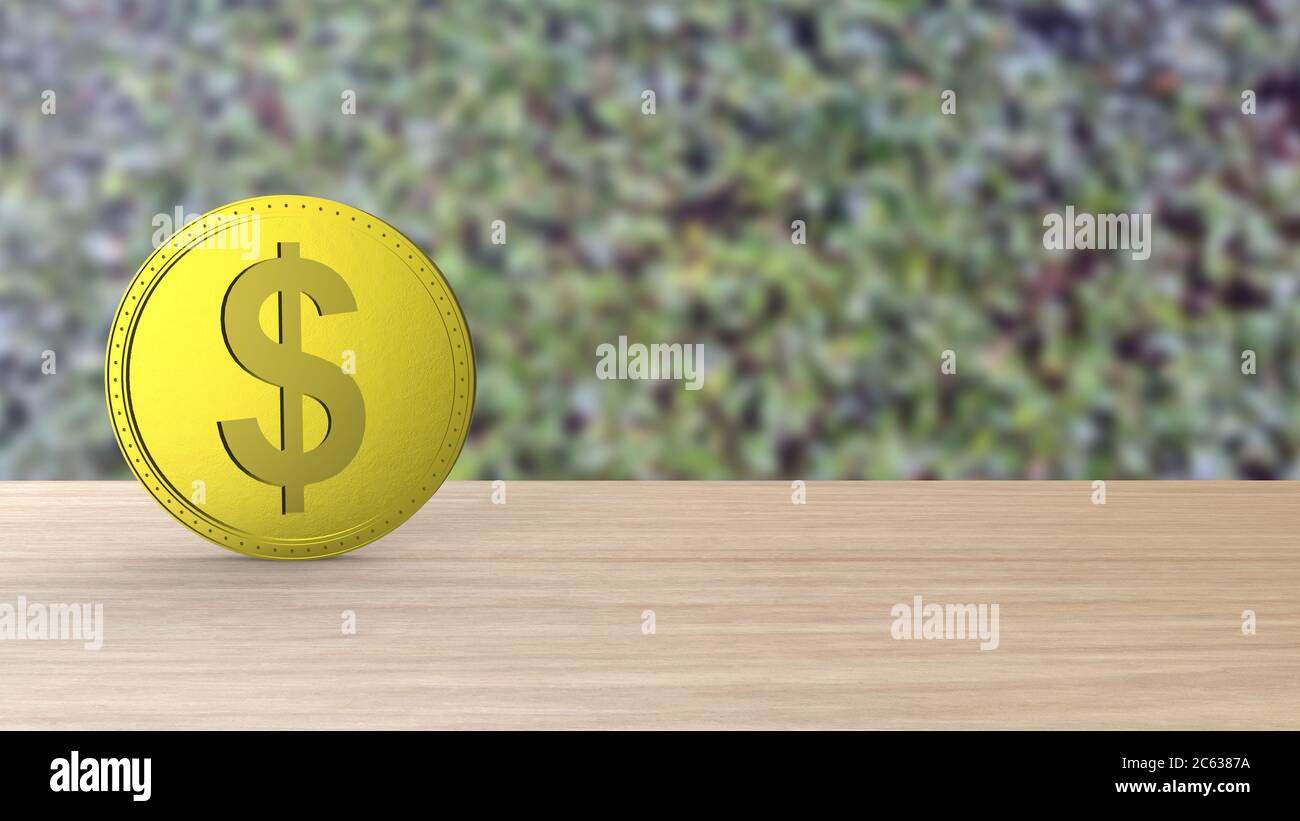 Yellow dollar coin Isolated on blur leaves background. 3d render ...