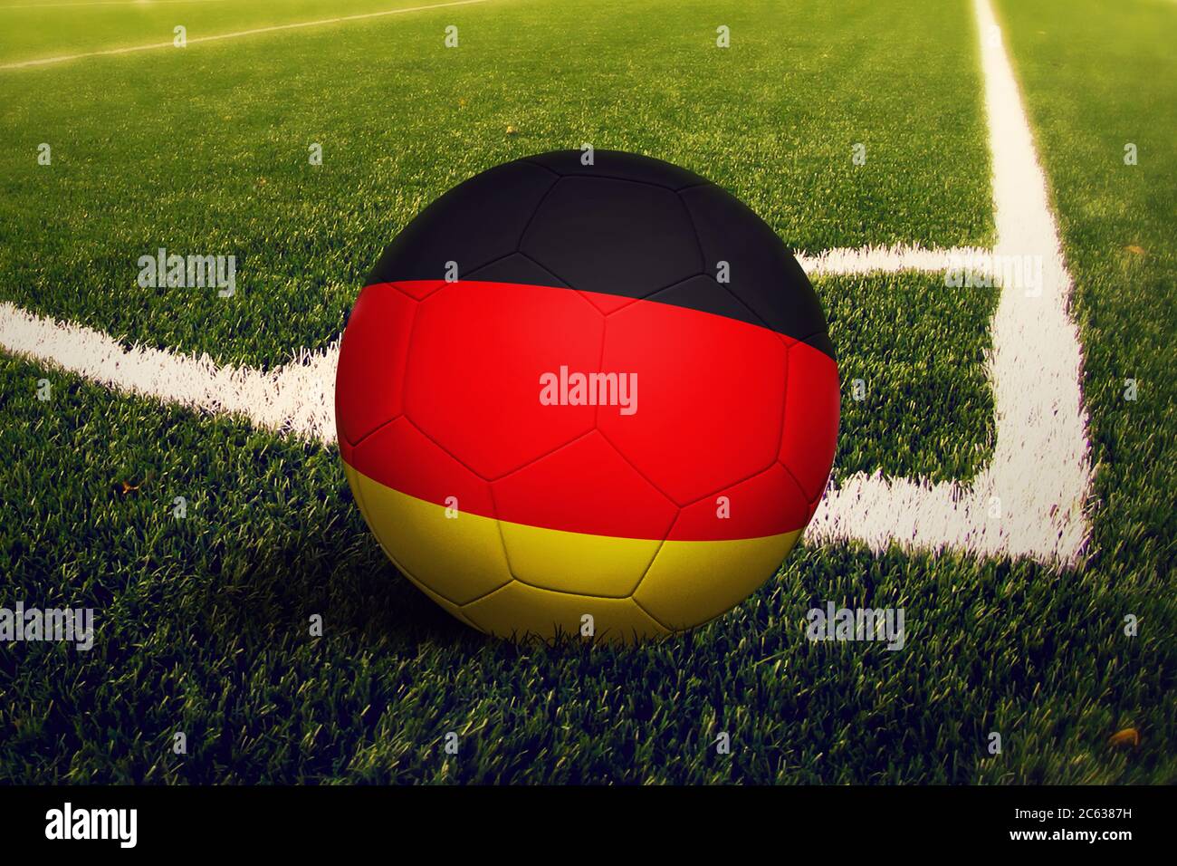 Germany flag on ball at corner kick position, soccer field background ...