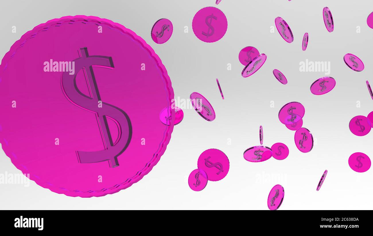 Rain of coins pink gold dollar symbol on a light gray background ...
