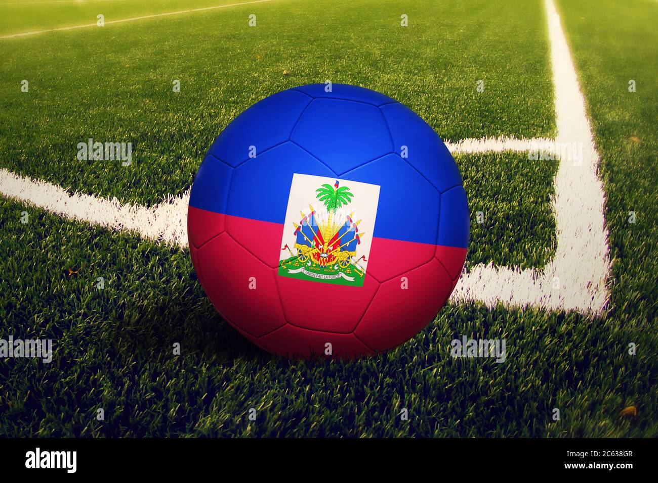 Haiti flag on ball at corner kick position, soccer field background ...